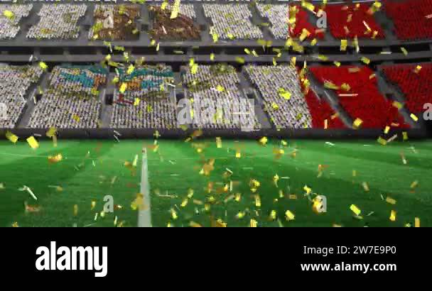 Animation of confetti falling over mexican flag in empty sports stadium ...