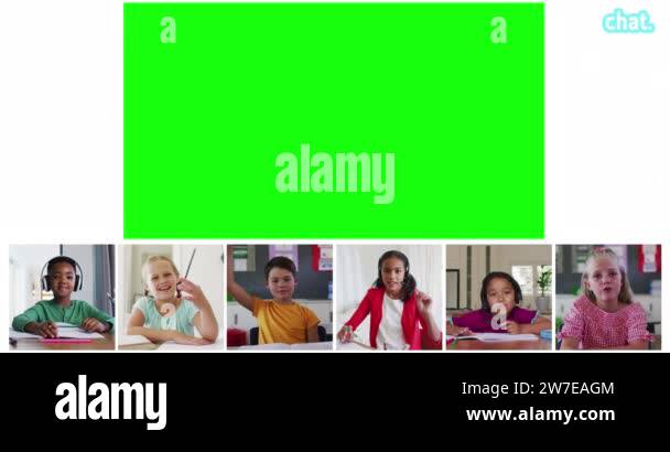 Animation of green screen and six screens of diverse children during ...