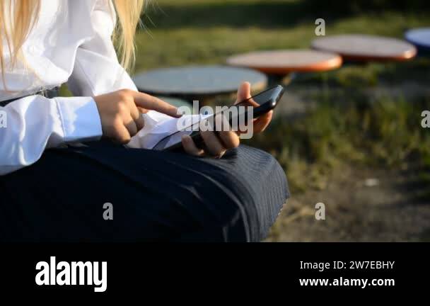 Little girl kid hands texting messages at social media application ...