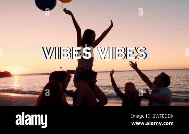 Animation of vibes text in white letters over happy people on the beach ...