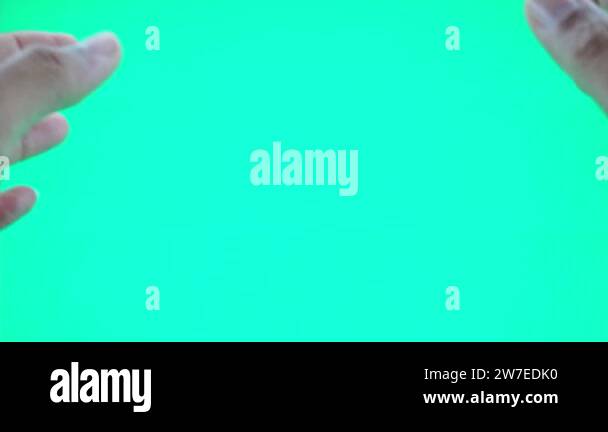Close up side view of open your hand man hand isolated on green screen ...