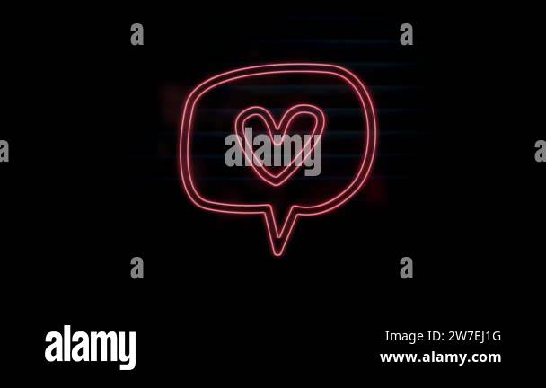 Animation of pink neon heart in speech bubble, on black background. social media and global ...