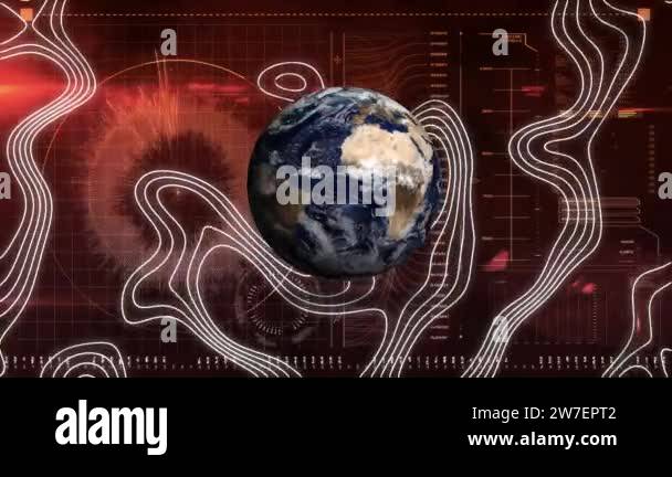 Animation of globe rotating over interface with data processing and topographical chart. global ...