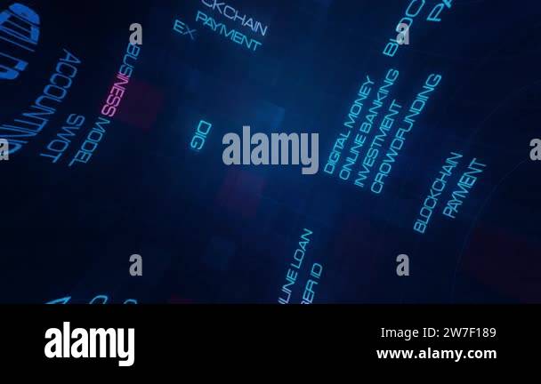 Fintech financial technology animated word cloud, text design animation. 4K 3D rendering kinetic ...