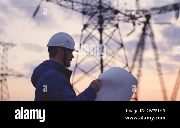 An electrician on the background of high towers of power plants looks ...