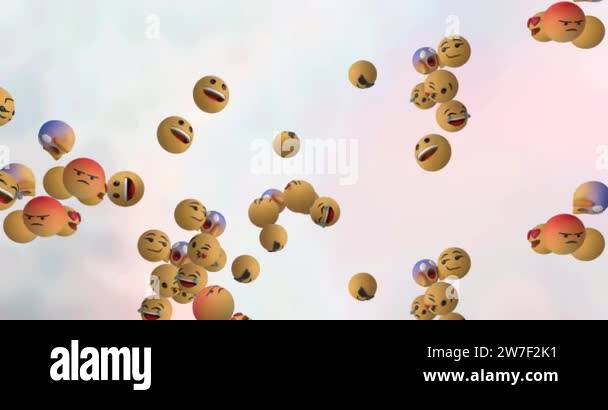 Digital animation of multiple face emojis floating against white ...