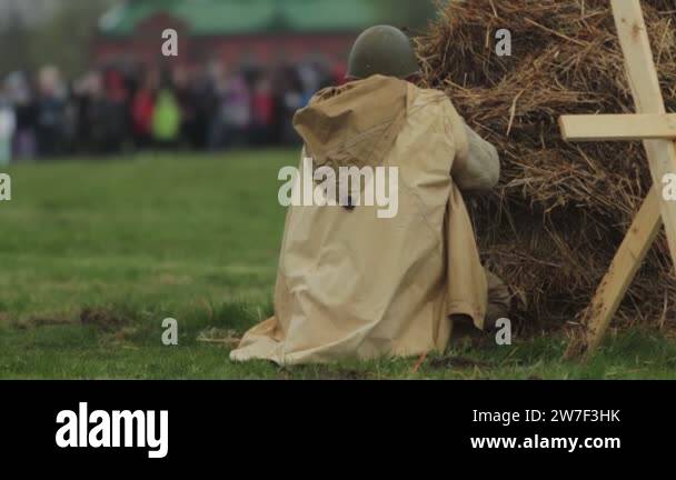 Ambush. Red Army soviet soldier is on defensive before offensive attack ...