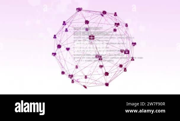 Animation of turning globe of connected purple icons and data ...