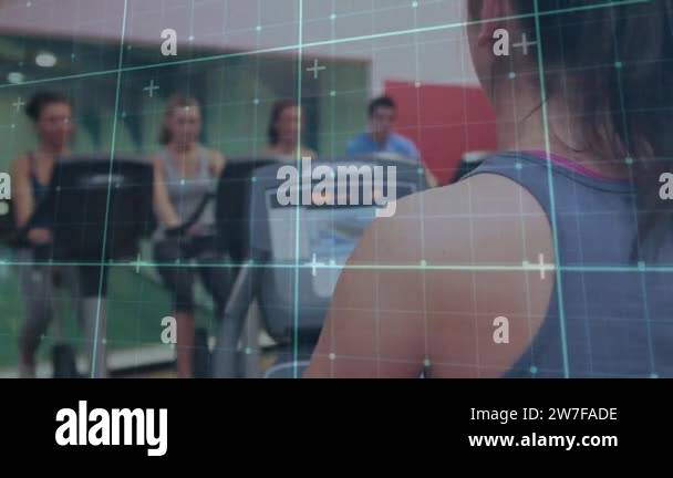 Animation of people exercising over grid. global sports, data ...