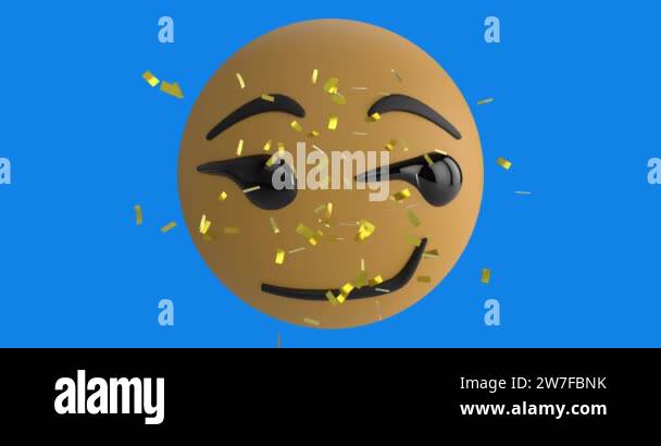 Digital animation of golden confetti falling over smirk face emoji ...