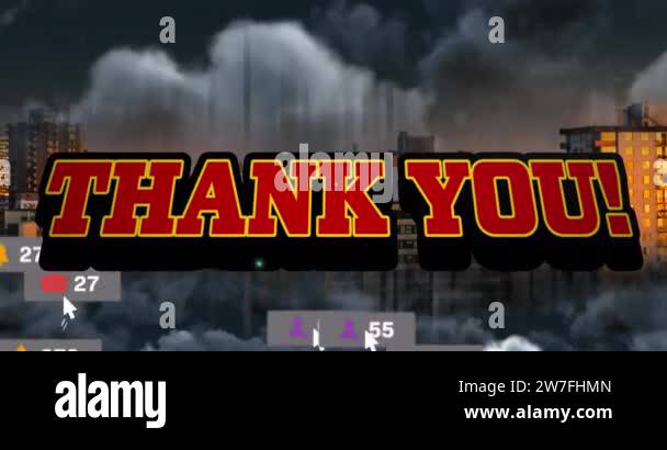 Animation of text thank you with flash and social media notifications ...