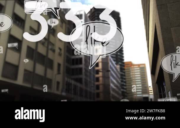 Increasing numbers and like text on multiple speech bubbles floating ...