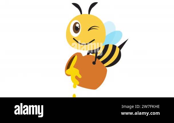 Animation cartoon of smiling cute bee carrying honey pot with honey ...
