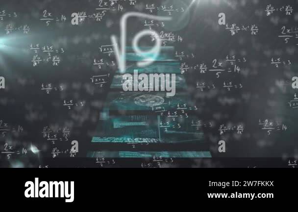 Digital animation of mathematical equations floating against screens with data processing ...