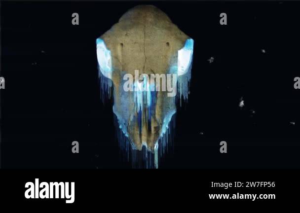 A horror concept of a scary of sheep skull, with glowing eyes. With a ...