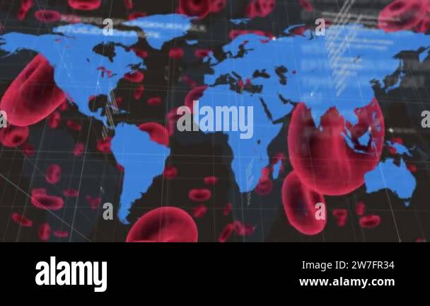 Animation of red blood cells and data processing over world map. global ...