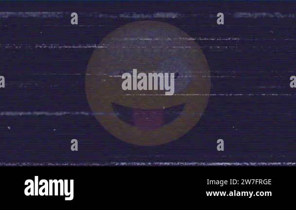 Digital animation of tv static effect over silly face emoji against ...