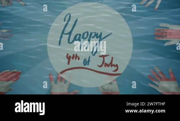 Independence text and water flowing against multiple hands on blue ...