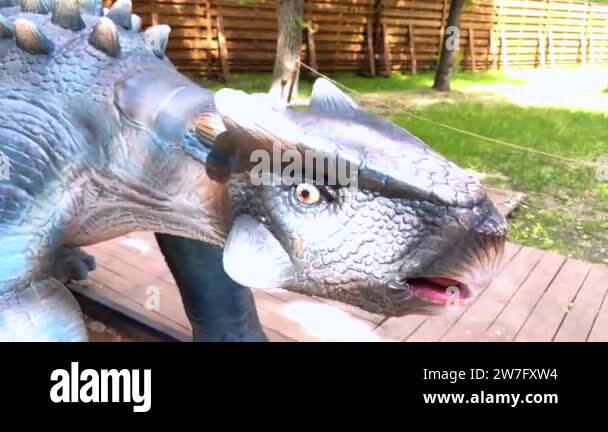 A close-up of an Ankylosaurus that is made of rubber and metal ...