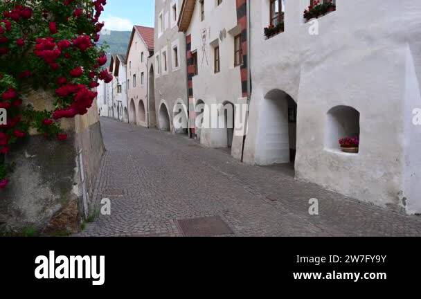 Glorenza, Trentino, Italy, June 2021. The Via dei Portici the ...