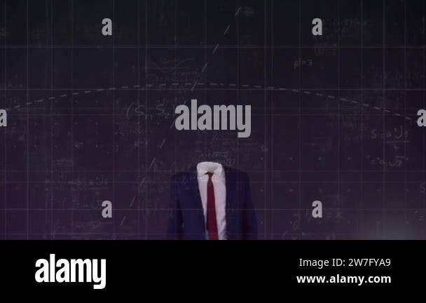 Mathematical equations floating against light bulb over face of ...