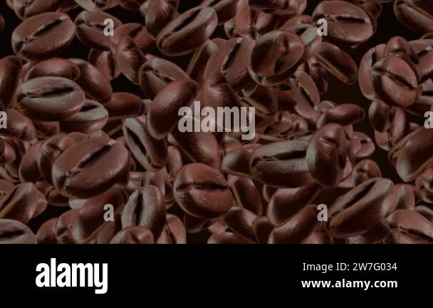 4K Brown roasted coffee beans, seed on dark loop background Animation ...