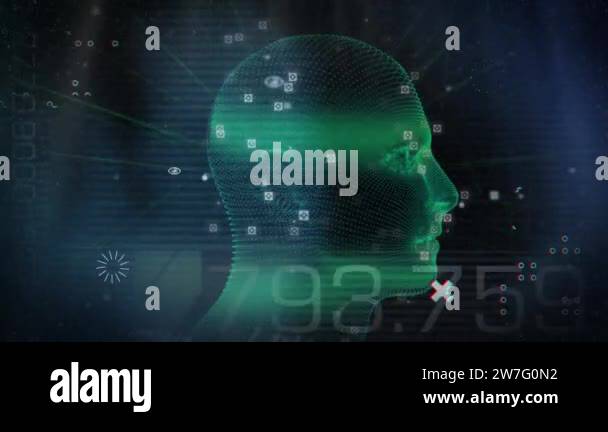 Animation of rotating 3d model human head over information processing ...