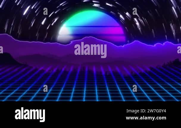 Retro futuristic sci-fi night city seamless loop. 80s VJ synthwave motion background with neon ...