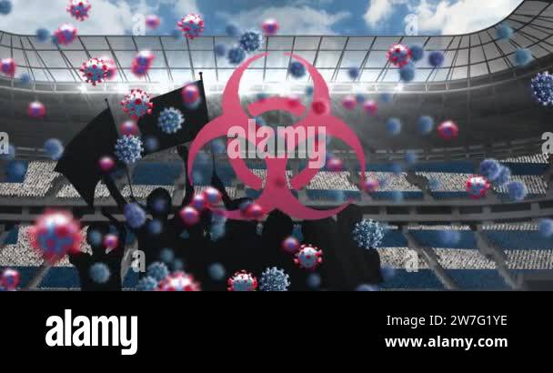 Biohazard symbol and covid-19 cells floating over silhouette of fans ...