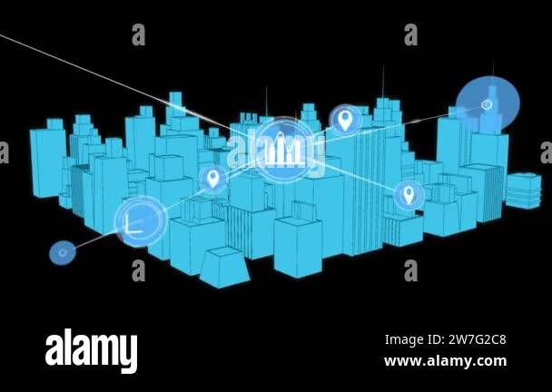 Animation of network of connections with icons over 3d city drawing ...