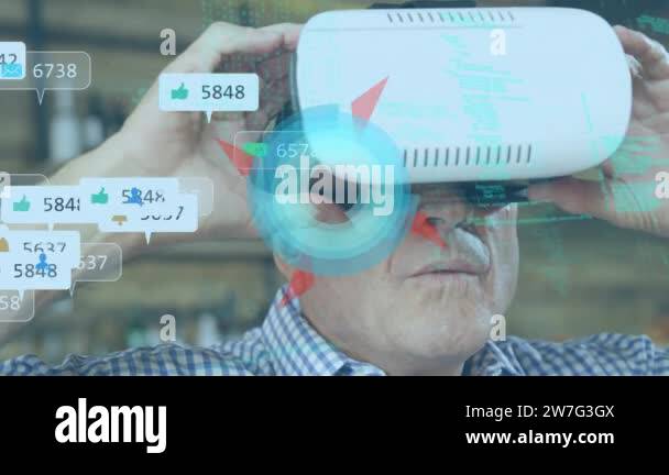 Animation of scope scanning and social media speech bubbles over man ...