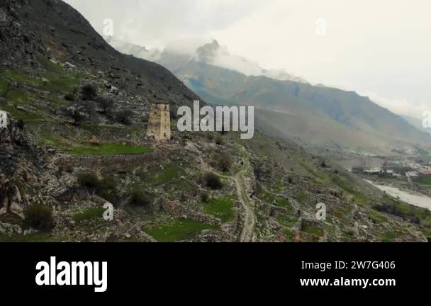 Aerial view of ancient defensive towers. Fortifications are located on ...
