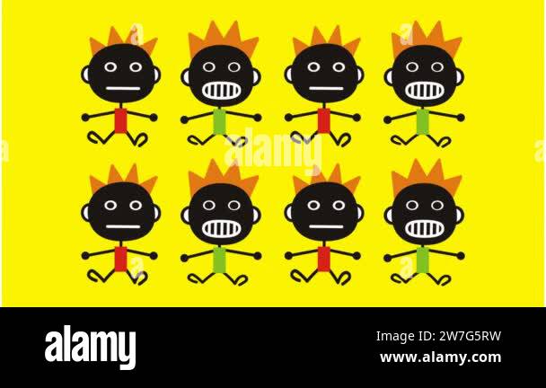 Eight funny people dancing on a yellow background. Black faces and ...