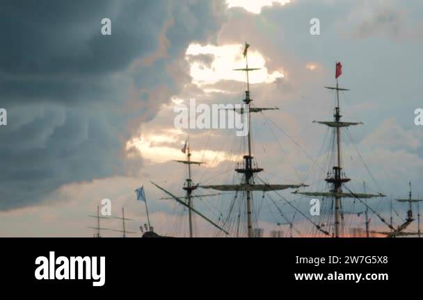 storm ship old mast boat scary clouds strong wind waves.concept storm ...
