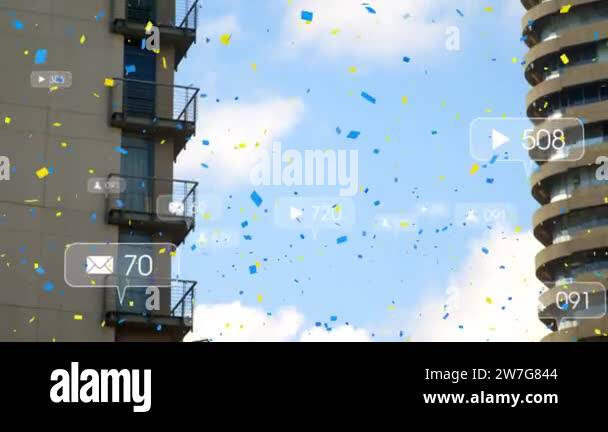 Confetti falling over social media icons on multiple speech bubble ...