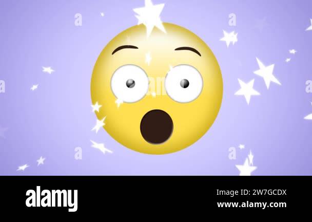 Animation of white stars falling over surprised emoji on pale purple ...