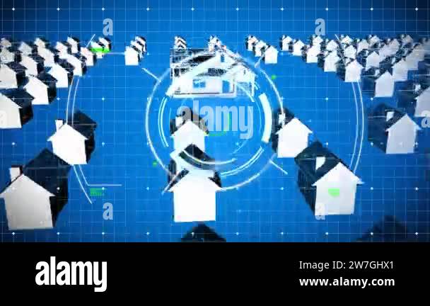 Animation of scope scanning with data processing over 3d house drawing ...