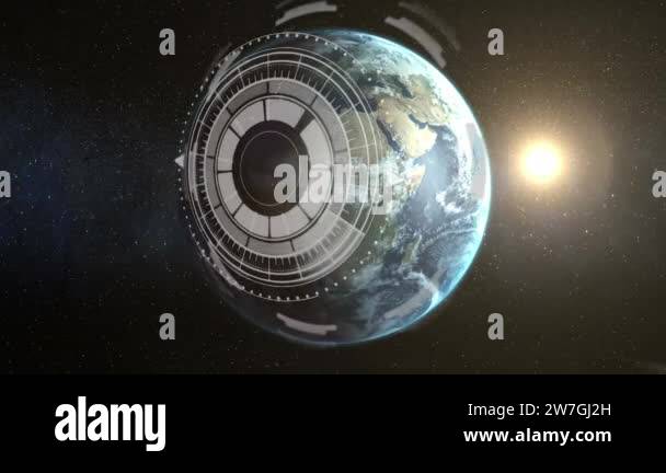 Animation of circular scope scanning rotating globe and data processing on interface with on ...