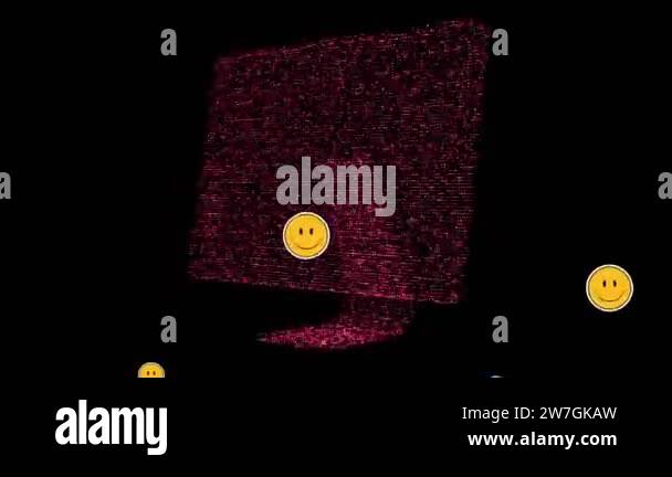 Multiple smiling face emojis floating against 3d computer model ...