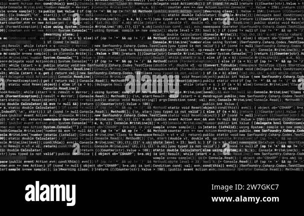 Large program text on black background. Animation. Real program text with many encodings and ...