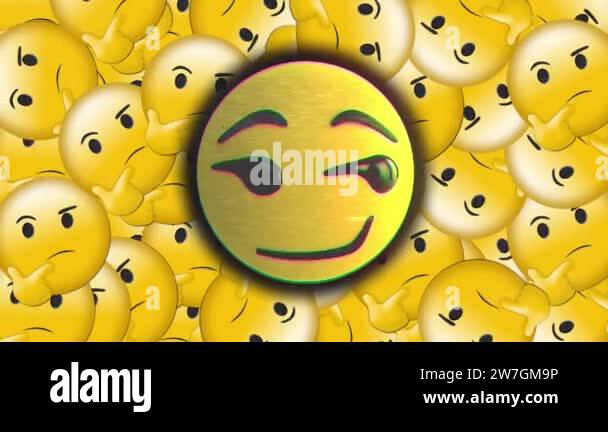 Digital animation of glitch effect over smirk face emoji against ...