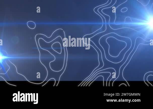 Animation of topographic map lines moving and glowing light on blue background. global ...