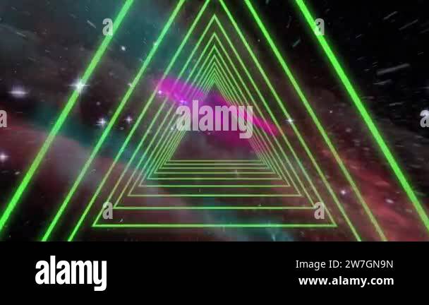 Digital animation of triangle shapes in seamless motion against shining ...