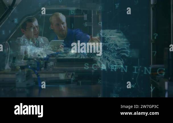 Animation Of Cyber Attack Warning Over Scientists Using Tablet Global