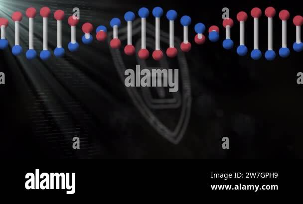 Animation of rotating 3d dna strand, with white dot padlock symbol, on ...