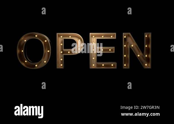 OPEN animation. Light bulb blinking text banner. Retro style for ...