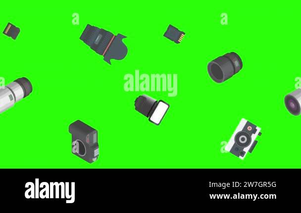 Photography gadgets equipment animation, on green screen chroma key, graphic source elements ...