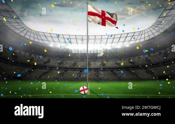 Animation of confetti falling over england flag at sports stadium ...