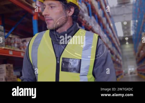 Animation of scope scanning over man and woman working in warehouse ...