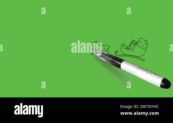 Sketch Santa's coach drawn by four horse with black outline on abstract ...